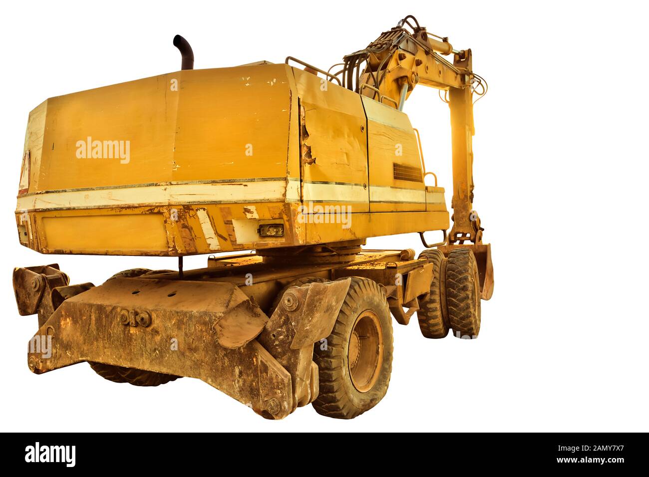 Back view of yellow excavator building isolated on white with copy ...