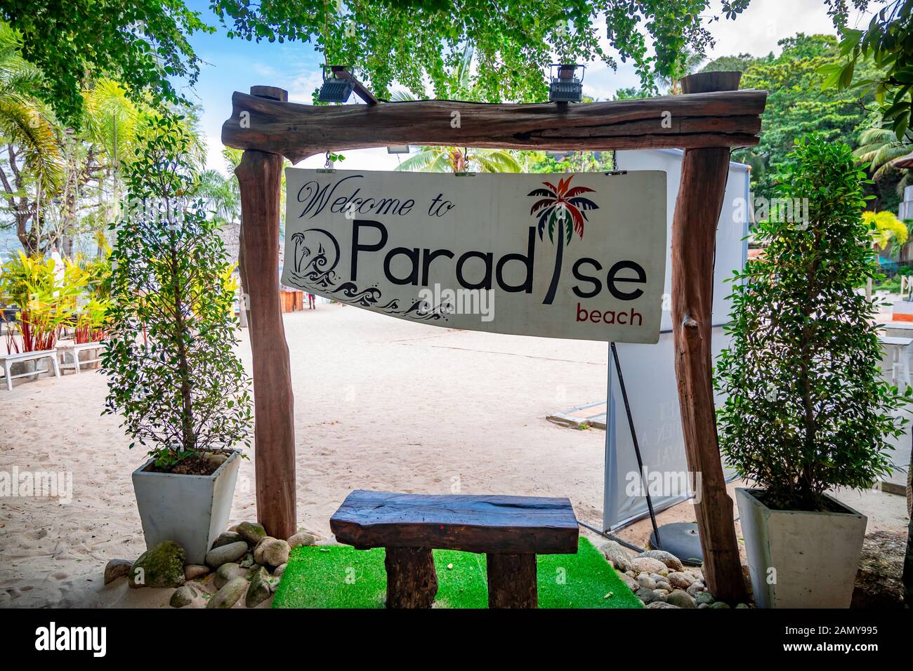 Paradise beach entrance gate in Phuket, Thailand Stock Photo - Alamy