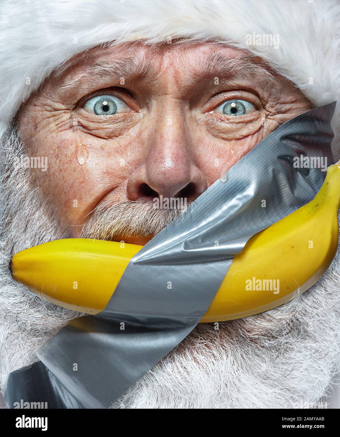 Man and modern art - bearded Santa transformed in art object. Caucasian ...