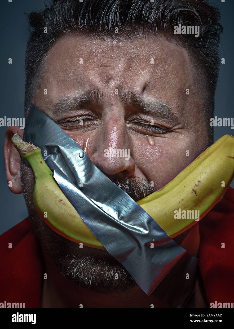 Man and modern art - bearded Santa transformed in art object. Caucasian ...