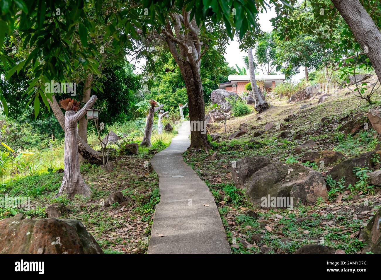 Narrow concrete uphill walkway through the mountain and forests leading ...