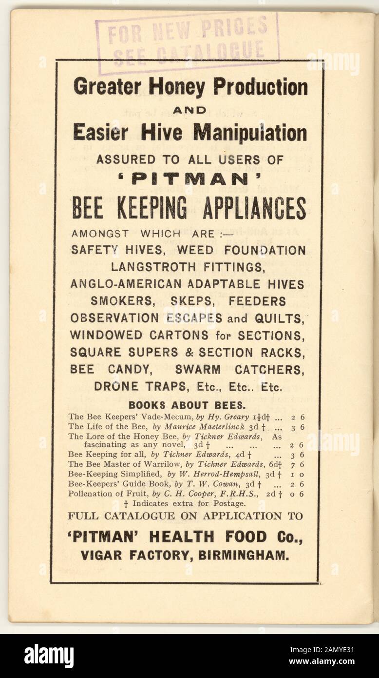 Pitman Bee Keeping Appliances advert inside a bee keeping booklet Stock ...