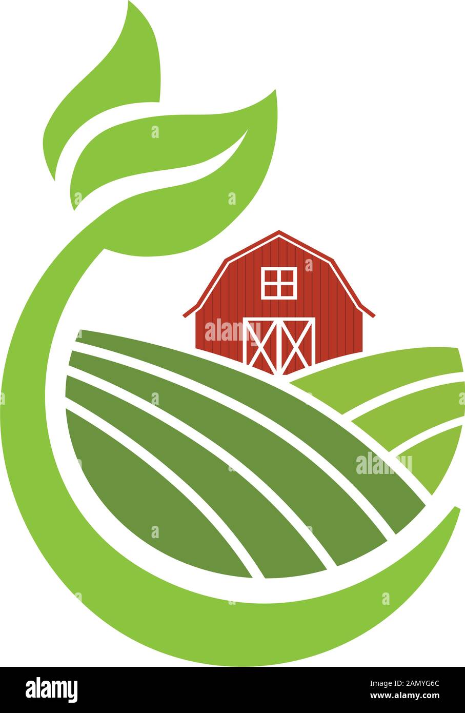 red barn and green field surrounded by sprout, vector graphic design ...