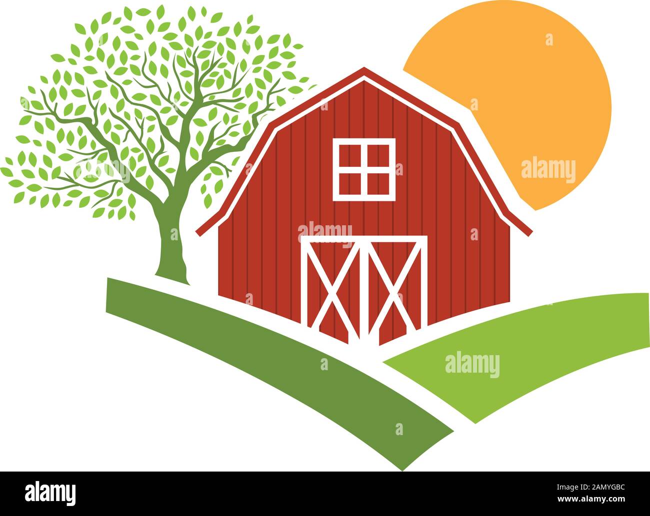 red barn, tree and sun, vector graphic design element Stock Vector ...