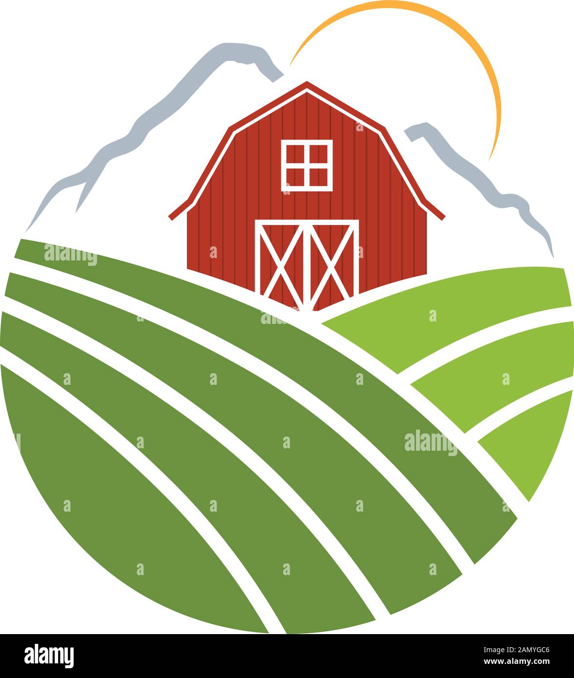 red farm barn with mountain range in behind Stock Vector Image & Art ...
