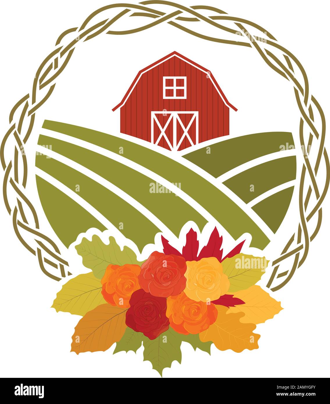 countryside landscape with barn inside frame with colorful leaves and ...