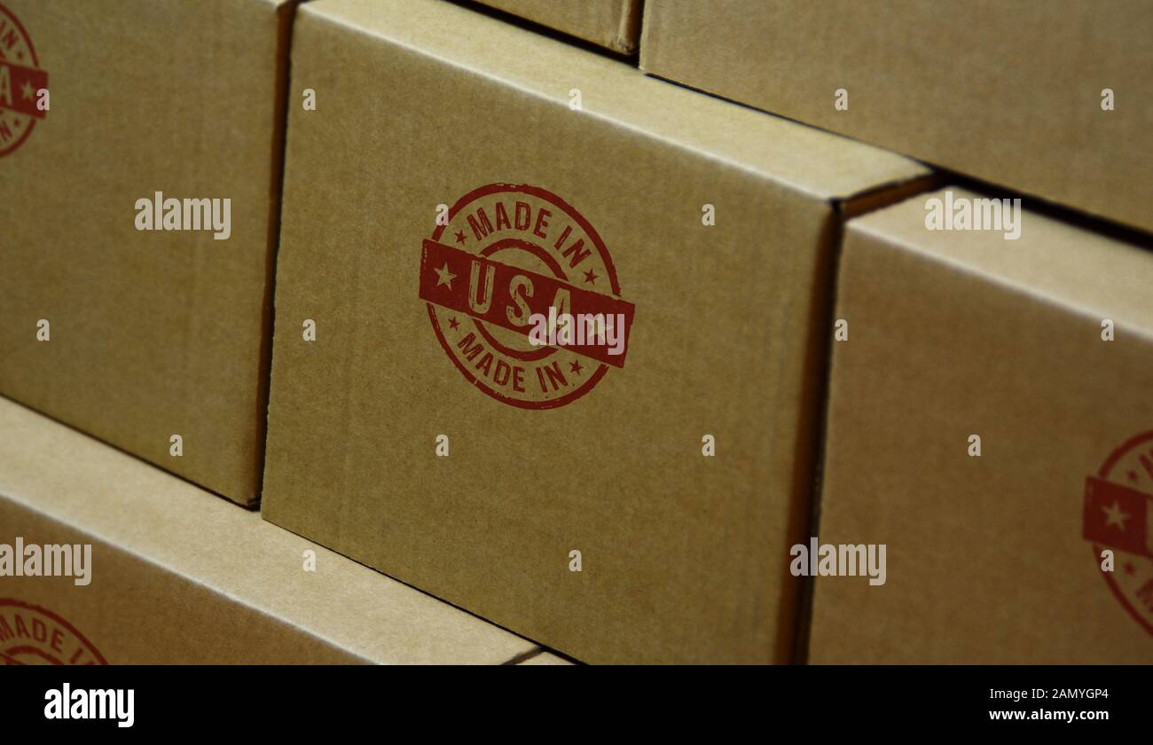 Made in USA stamp printed on cardboard box. Factory, manufacturing and ...