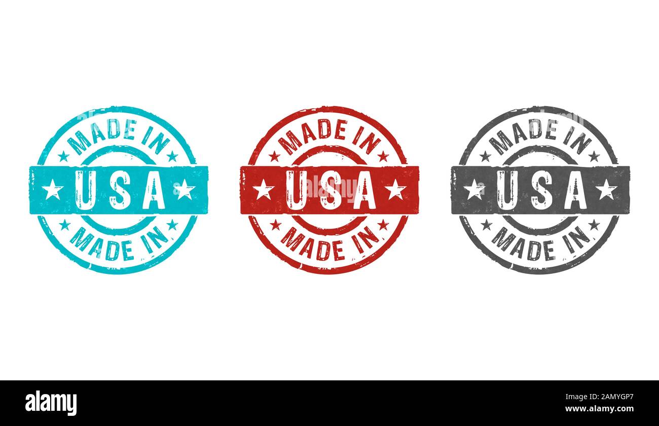 Made in USA stamp icons in few color versions. Factory, manufacturing ...