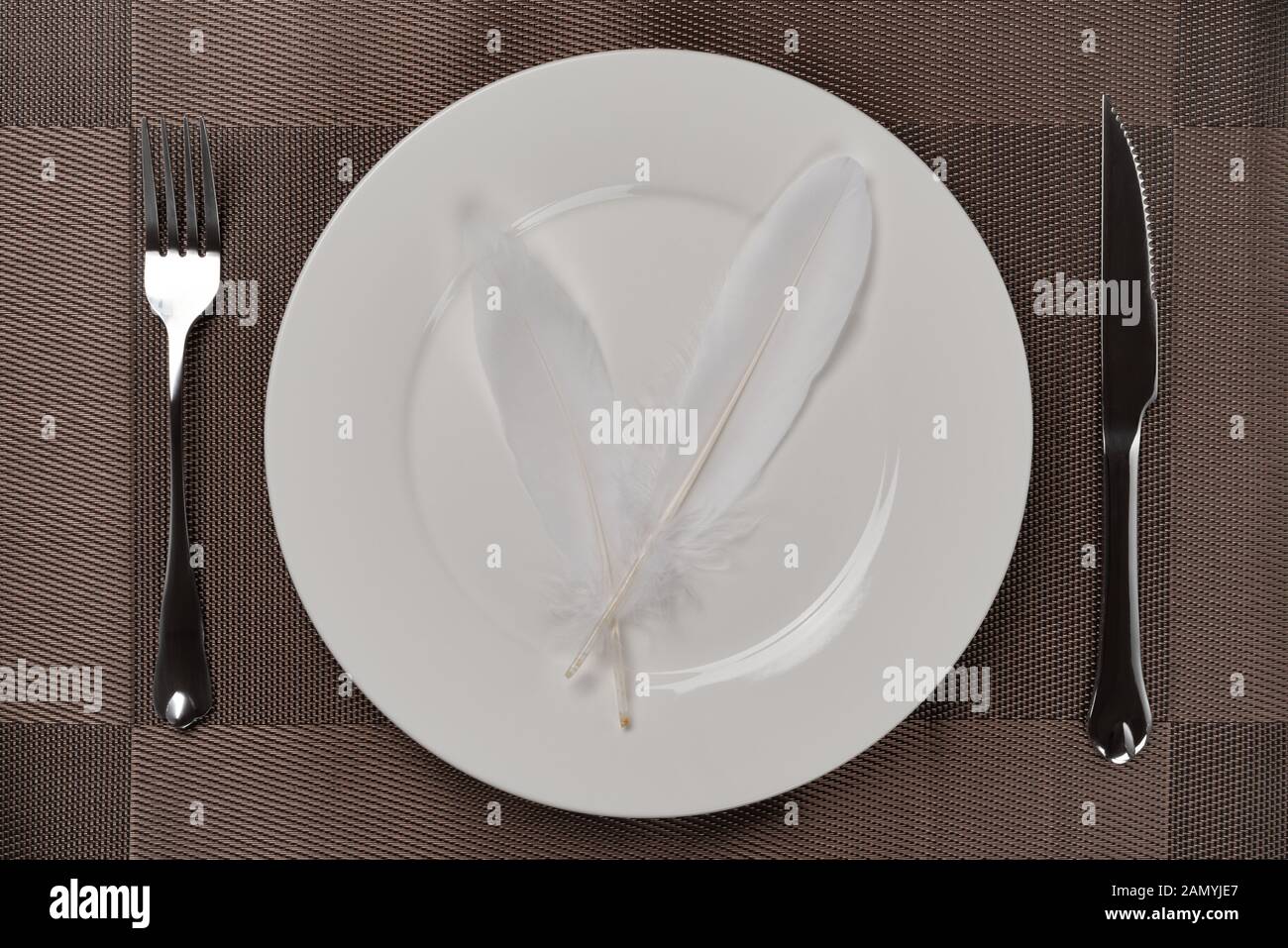top view fork and knife and bird feathers on a dish concept of eating ...