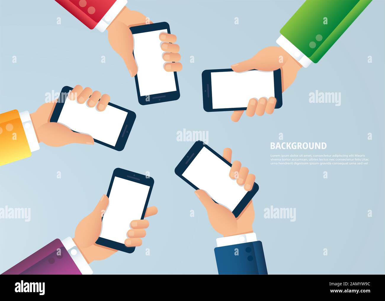 many hands holding smartphone background Stock Photo - Alamy