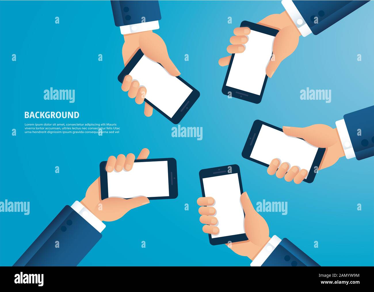 many hands holding smartphone background Stock Photo - Alamy