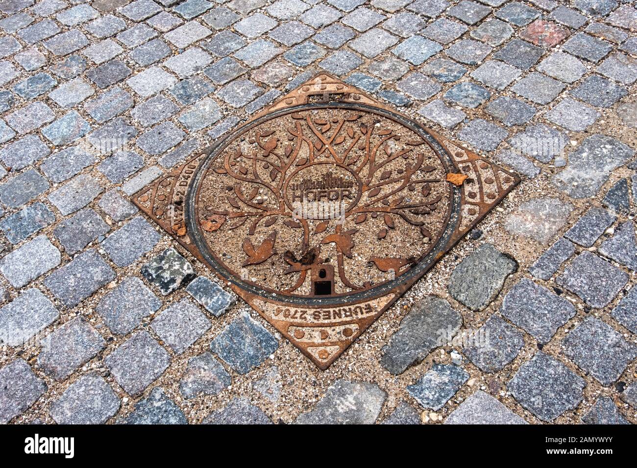 Manhole cover with leafy tree and five birds by designer Anne Mette ...