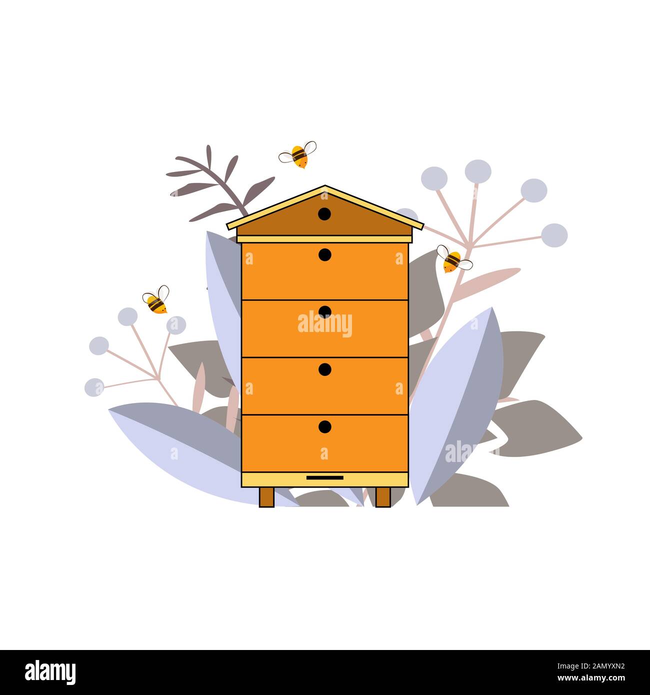 Beehive icon with bees and plants silhouette. Forest bee farm concept ...