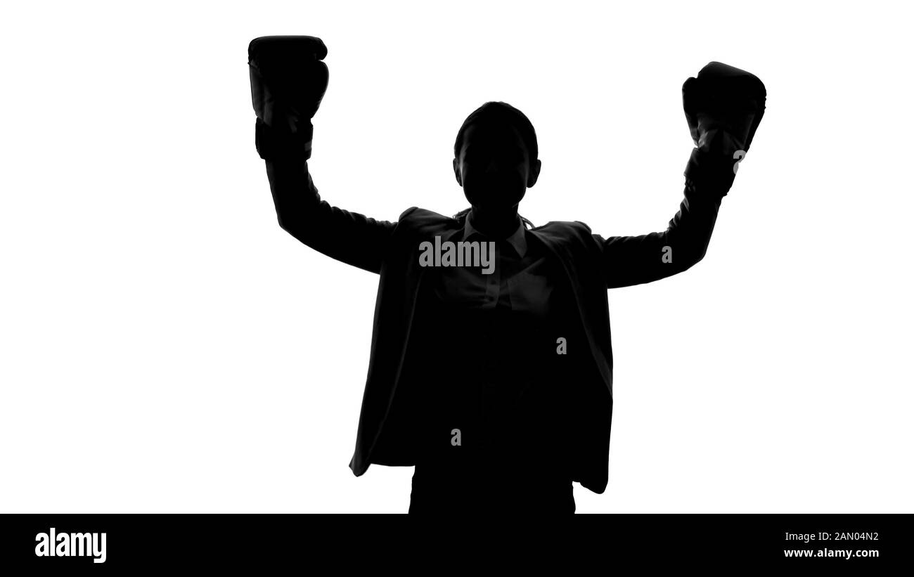 Strong woman in boxing gloves raising hands, success and equal rights ...