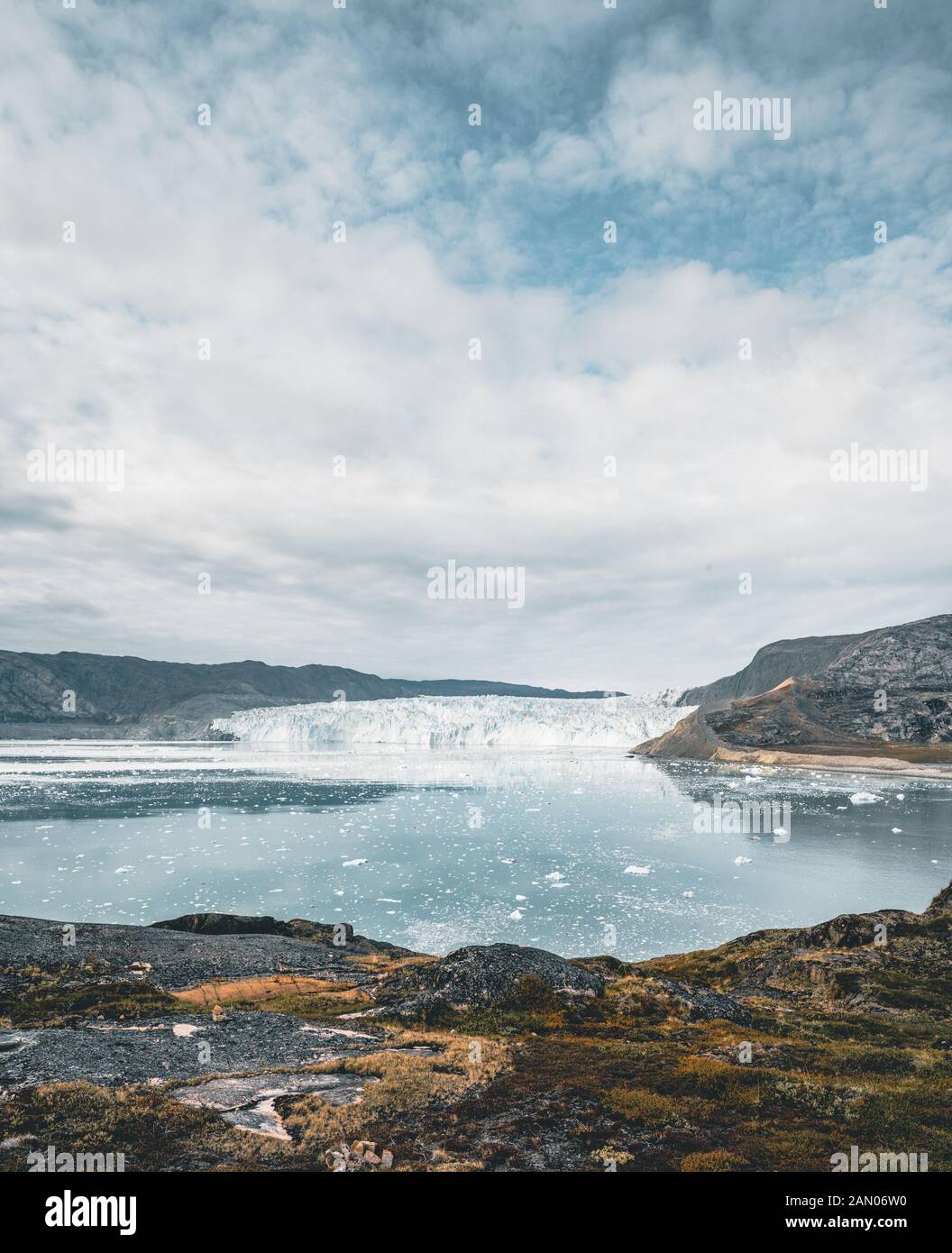 Panoramic image of Camp Eqi at Eqip Sermia Glacier in Greenland. nature ...
