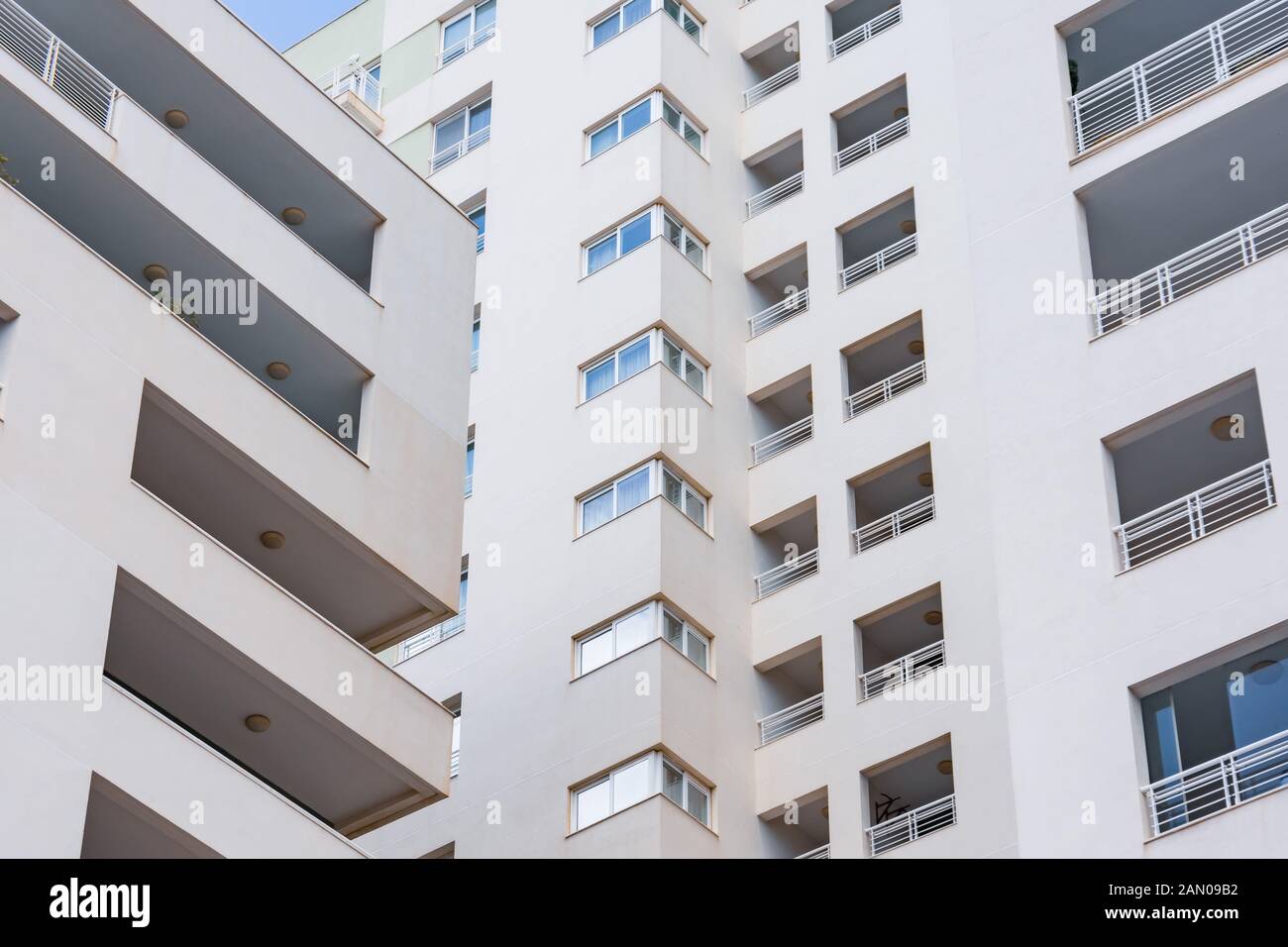 Inside corner of a multi-story residential building, close view of ...