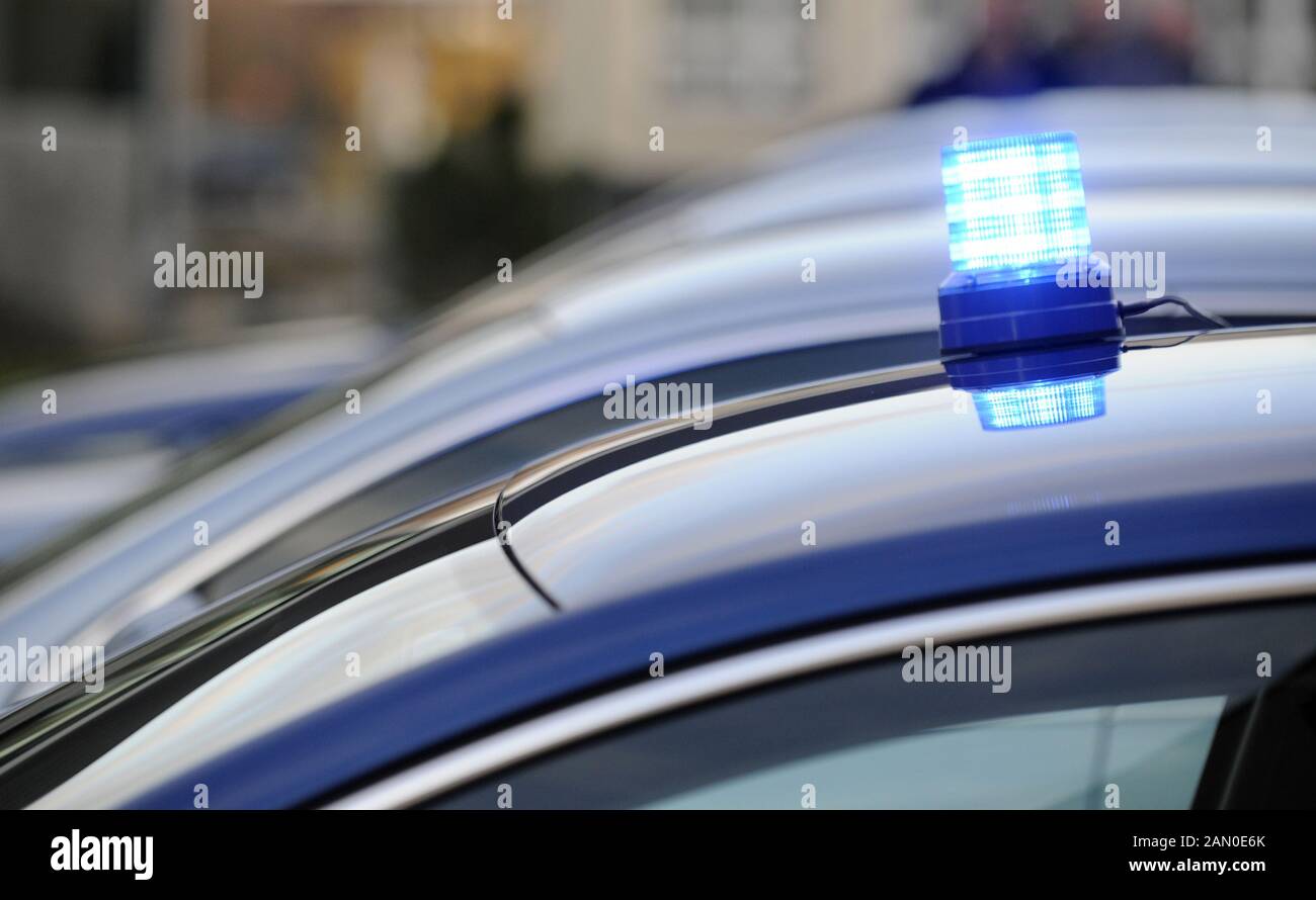 Blue emergency vehicle lighting on a police car in Prague, Czech Republic, on December 15, 2008 ...