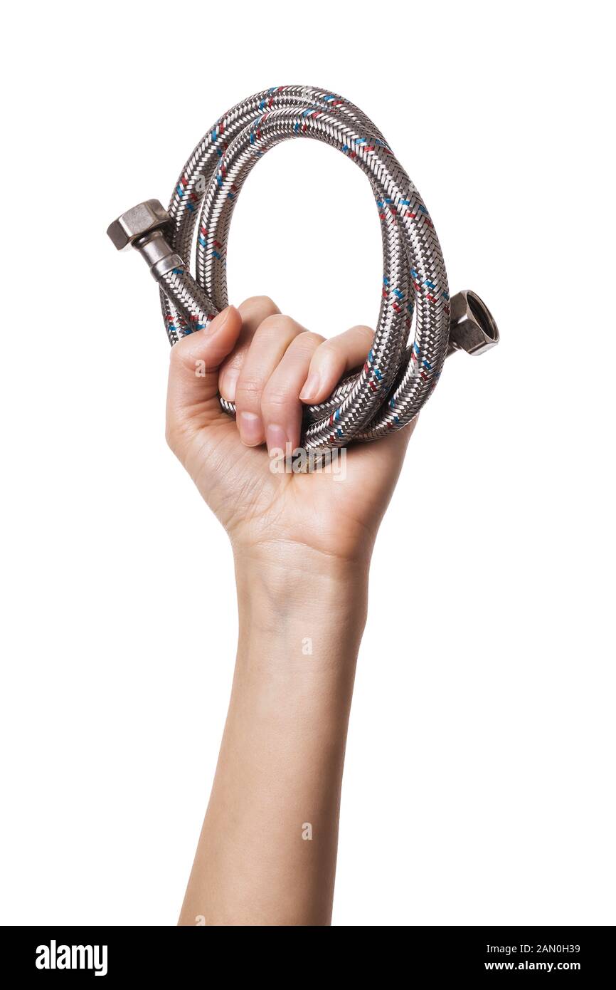Female hand holds plumbing hose isolated on white background Stock ...