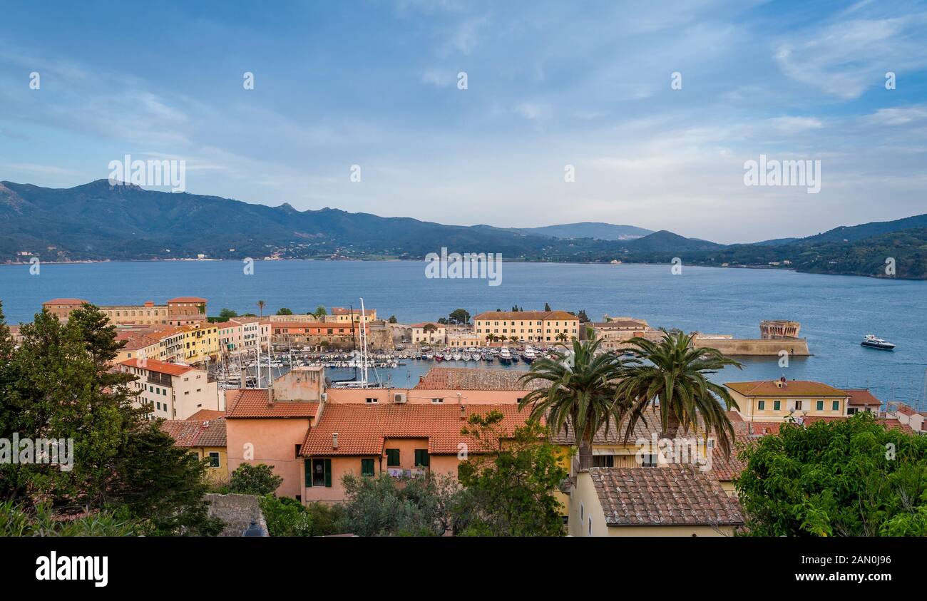 Portoferraio bay and Torre del Martello at port entrance. Elba island ...