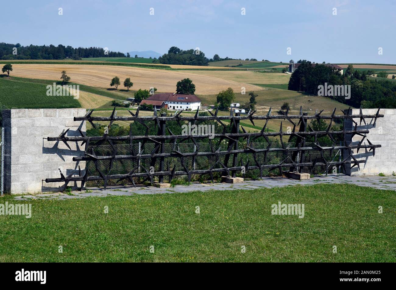 Mauthhausen, Austria - July 18, 2018: Artwork with symbolic barbed wire ...