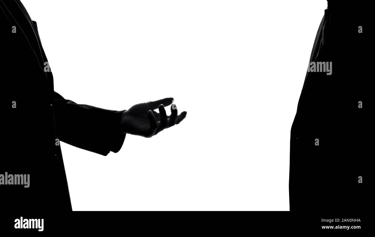 Politician in suit showing empty palm, asking money donation, bribe ...