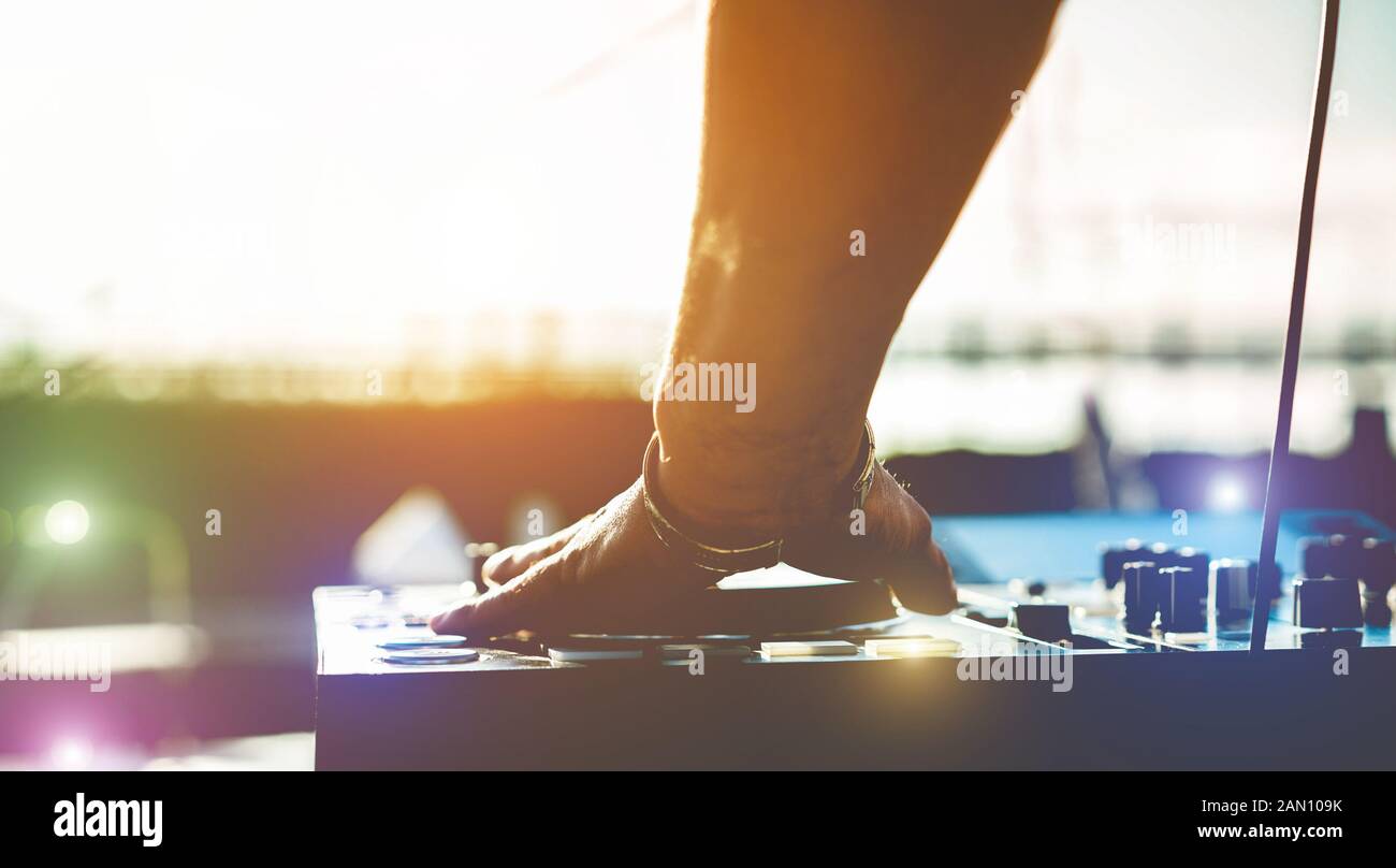 Dj mixing music outdoor at beach boat party festival - Summer nightlife ...