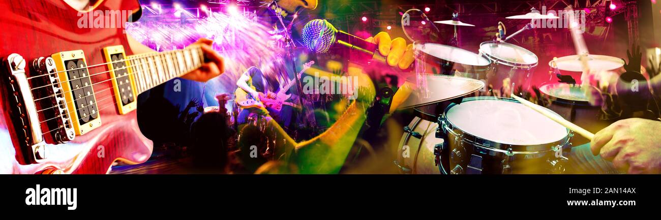 Live music and concert background. Guitarist and drummer and singer ...