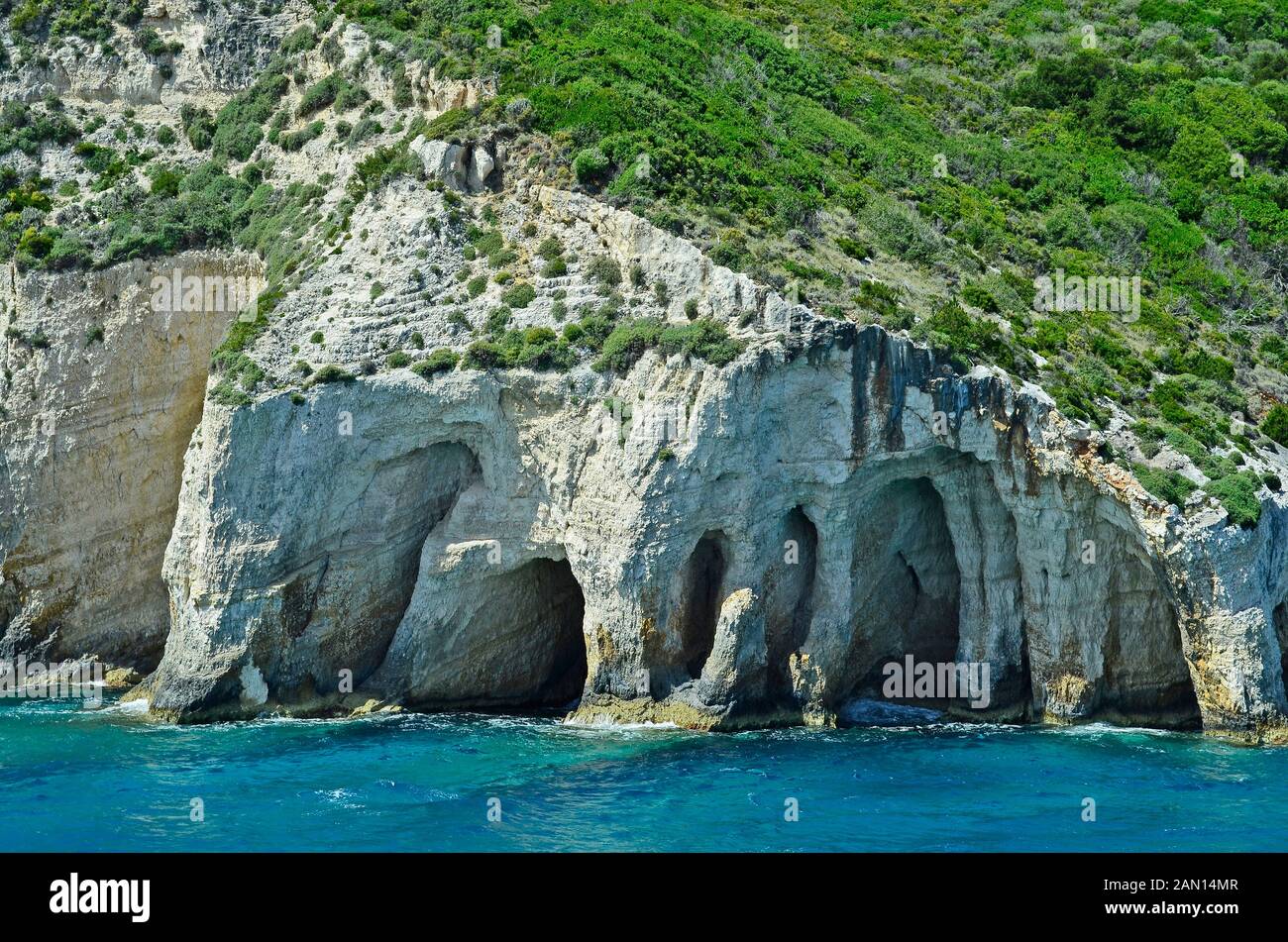 Greece, Zakynthos Island, rocky coast with caves on cape Skinari Stock ...