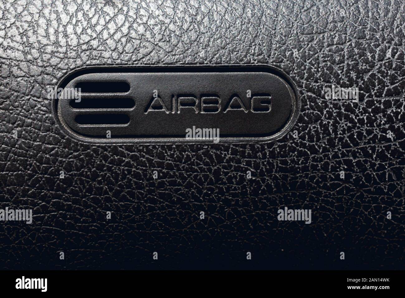 Close up image of leather texture car dashboard and airbag. Conceptual ...