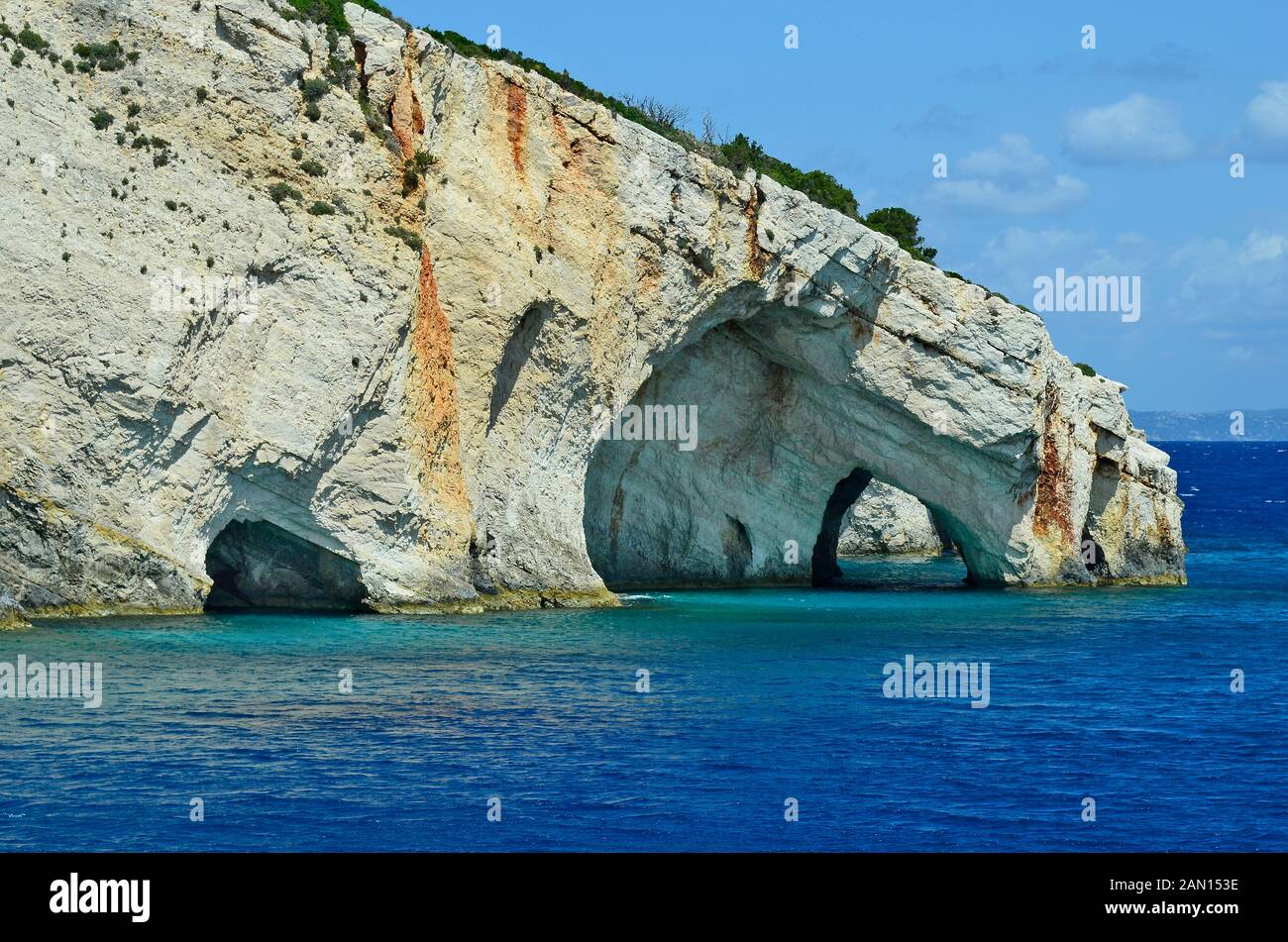 Greece, Zakynthos Island, rocky coast with caves on cape Skinari Stock ...