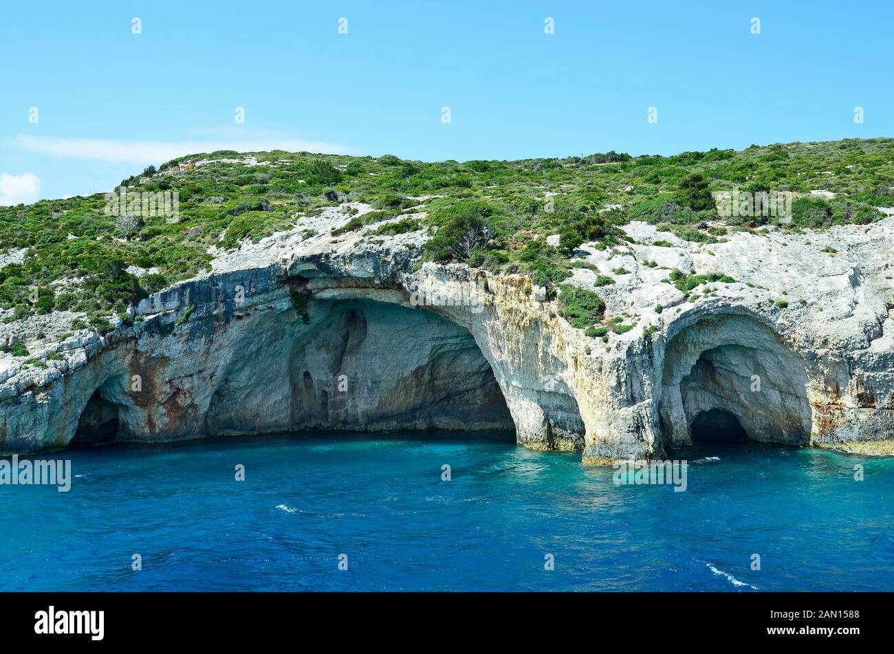 Greece, Zakynthos Island, rocky coast with caves on cape Skinari Stock ...