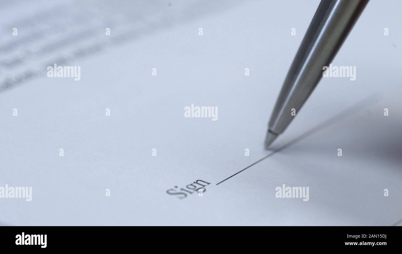 Pen ready to sign documents macro view, business contract, management ...