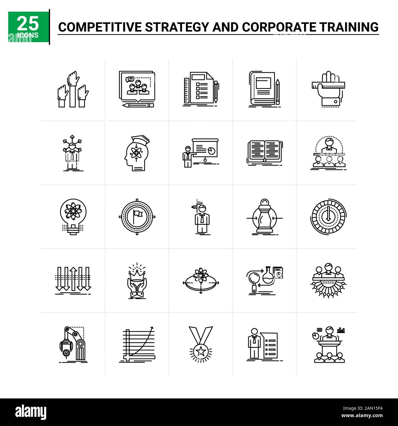 25 Competitive Strategy And Corporate Training icon set. vector ...