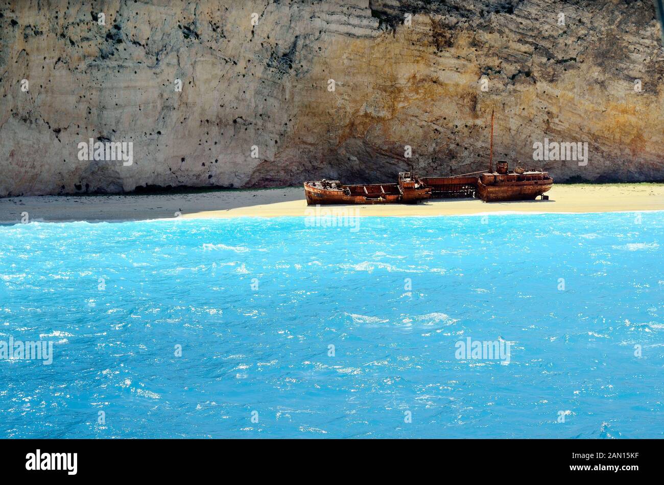 Greece, Zakynthos Island, stranded ship on shipwreck beach, landmark of ...