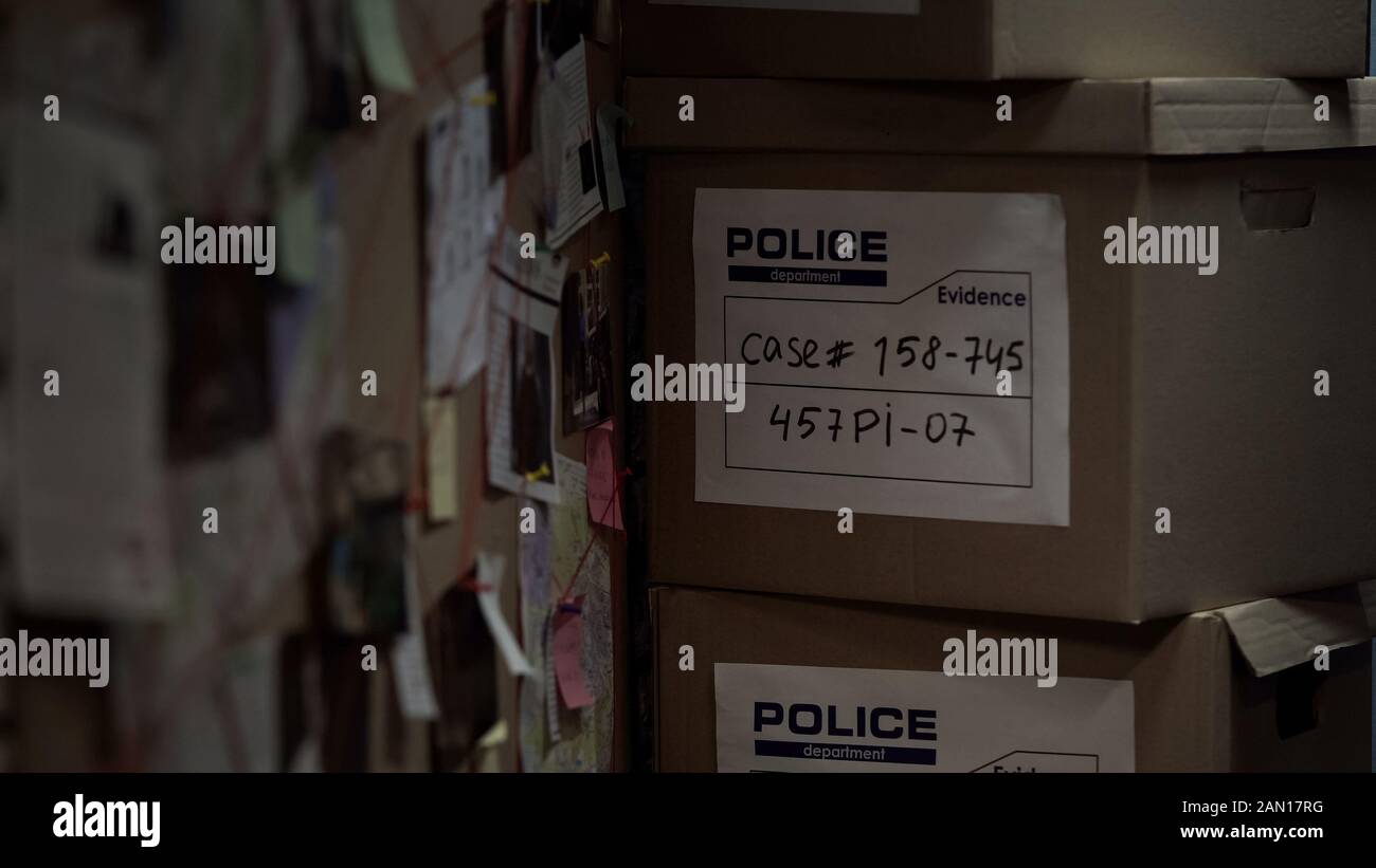 Boxes with evidential materials at police office, investigation process ...