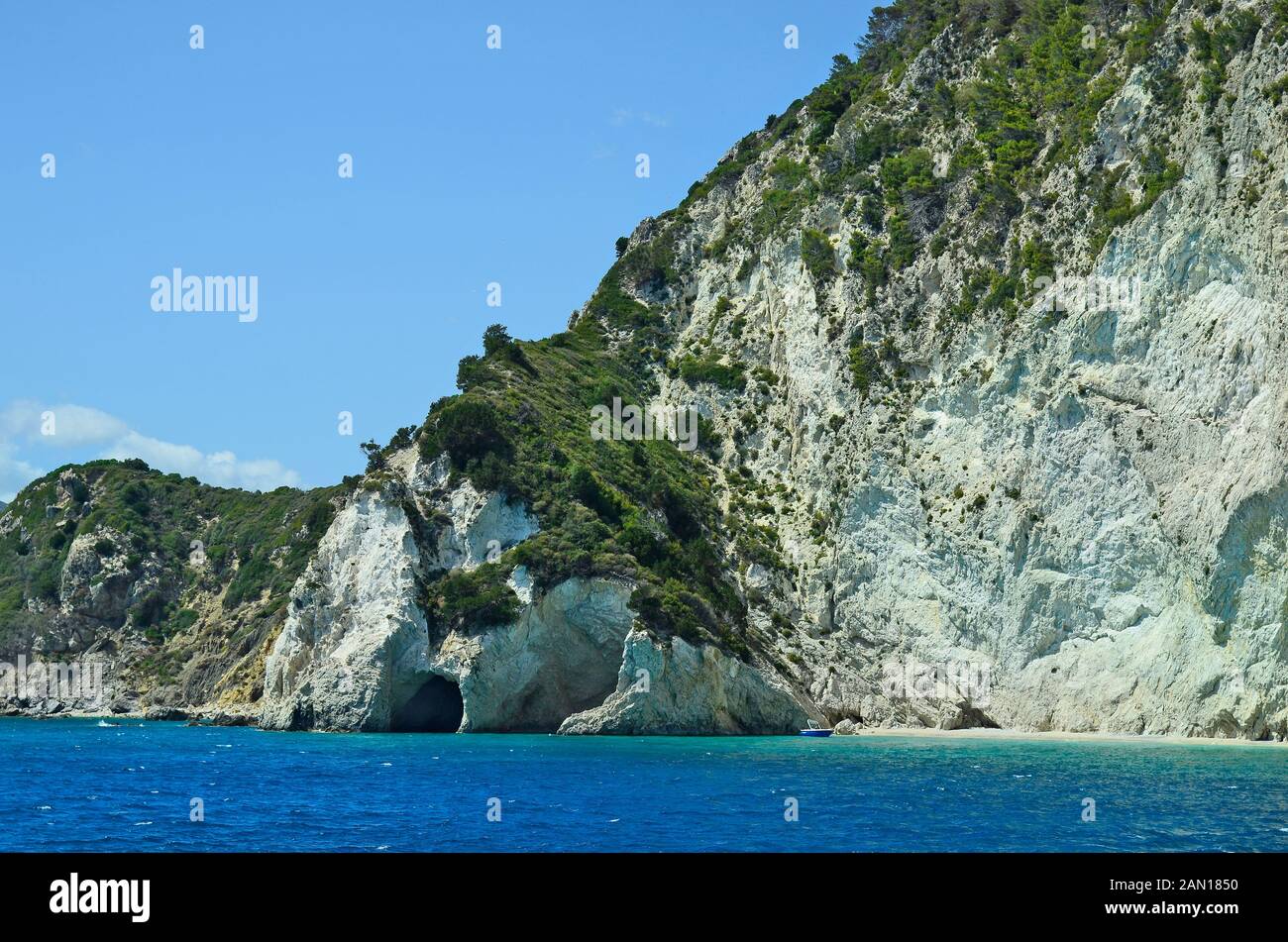 Greece, Zakynthos, beach and cave on Marathonissi island aka Turtle ...