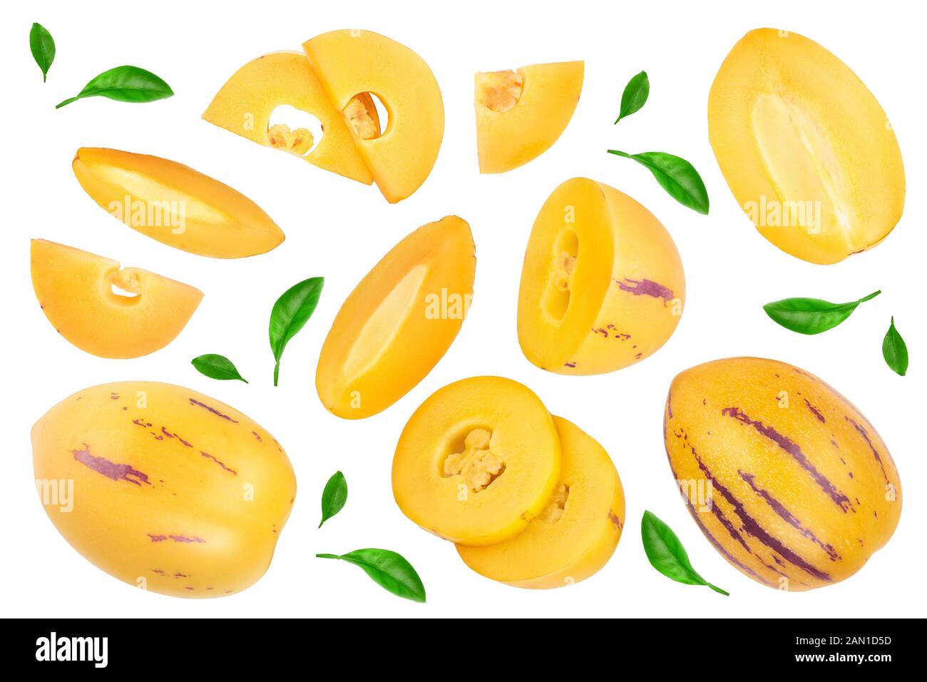 Fresh Pepino fruit with leaves isolated on white background. Top view ...