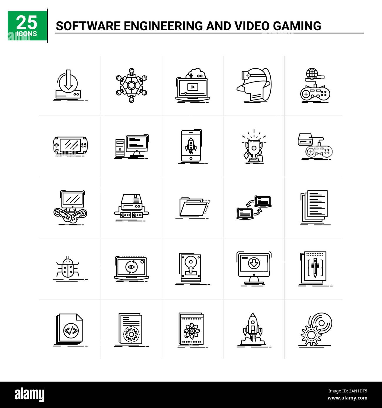 25 Software Engineering And Video Gaming icon set. vector background ...