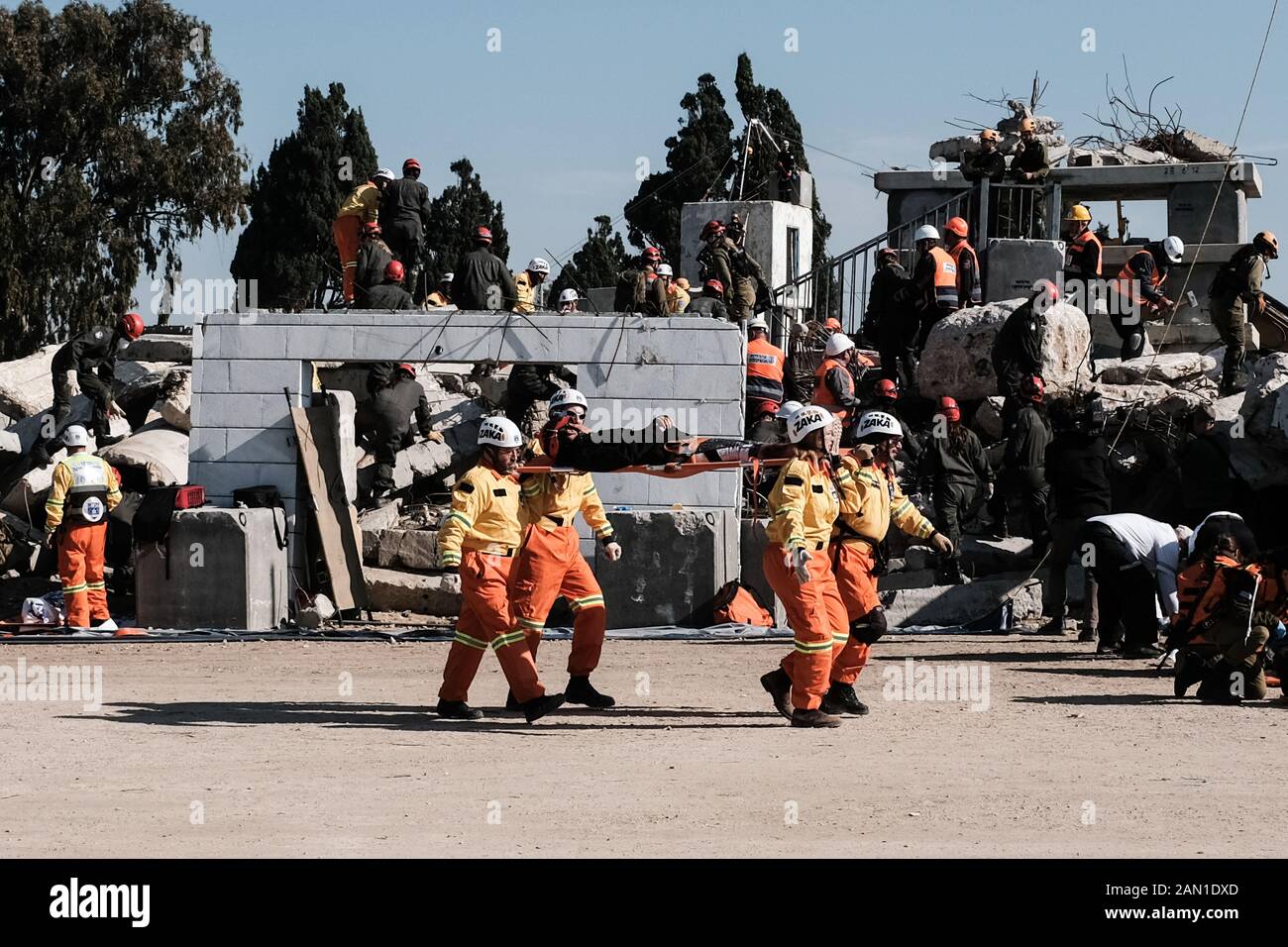 Zikim, Israel. 15th January, 2020. Israeli first responders deploy and ...