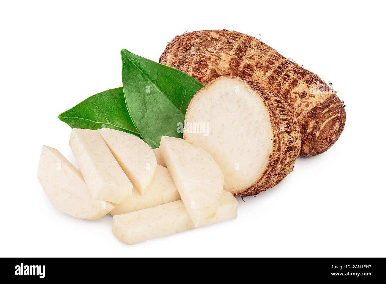 fresh taro root with slices and leaf isolated on white background Stock ...