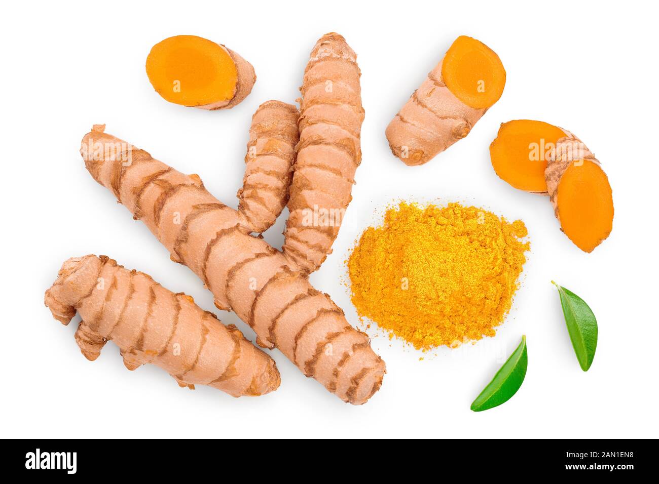 Turmeric powder and turmeric root isolated on white background. Top ...