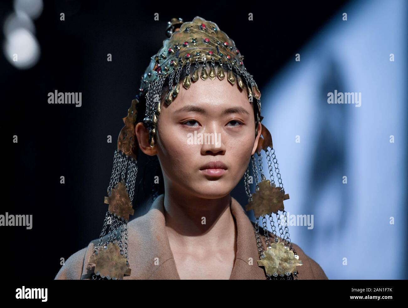 Berlin, Germany. 15th Jan, 2020. A model shows fashion of the label ...