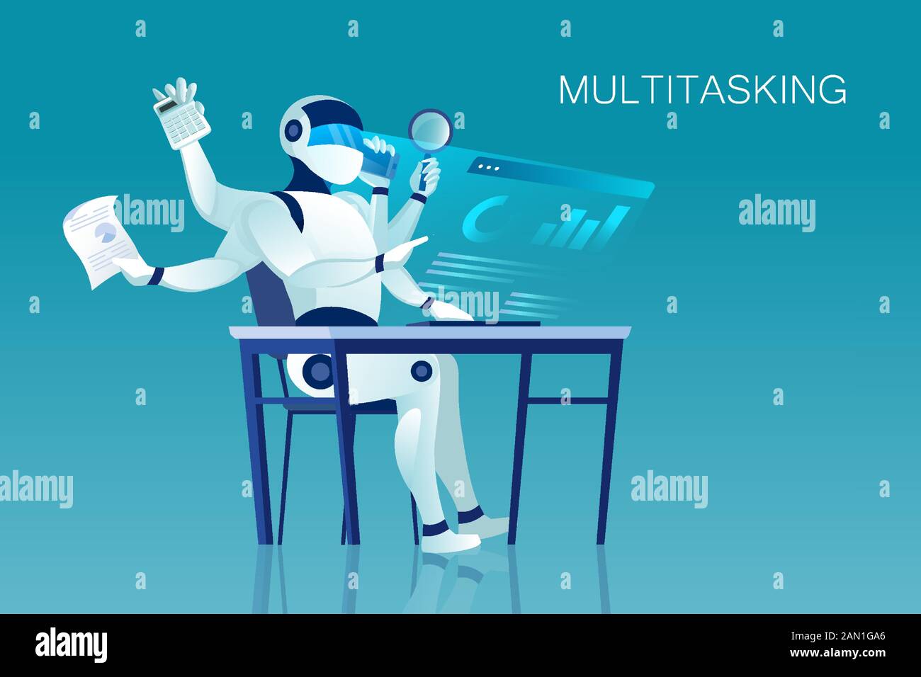 Vector of a multitasking robot sitting at office desk Stock Vector ...