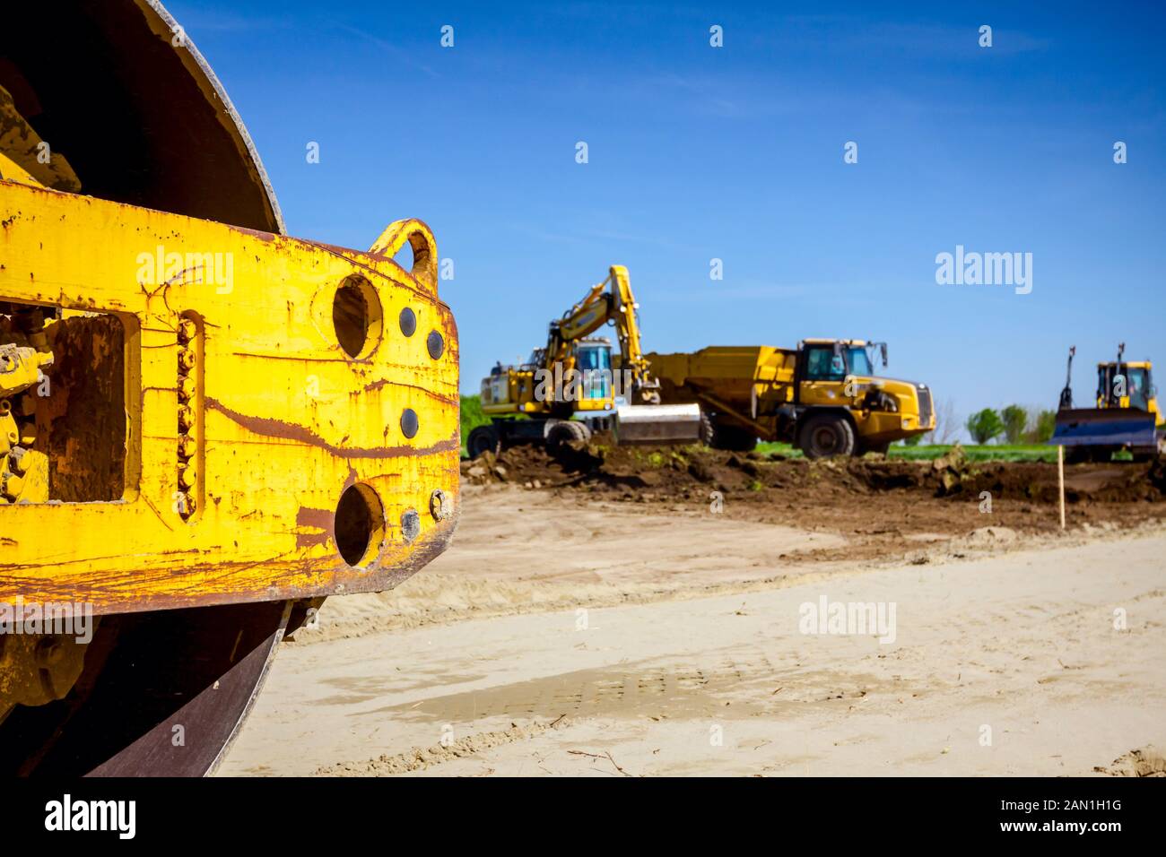 Pattern tracks of huge road roller with spikes, compacting soil for a ...