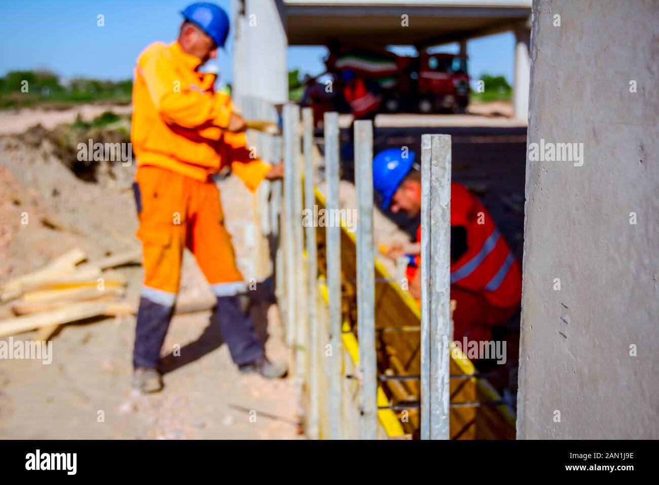 Preparation is in progress to assembly wooden mold for concrete pouring ...