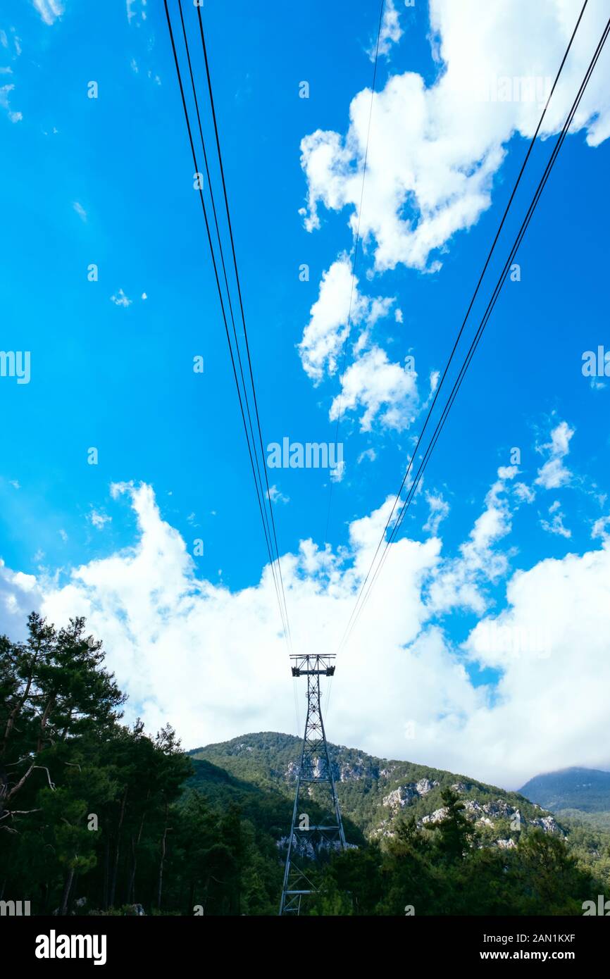 Beautiful vertical panorama view with cable car on amazing mountains ...