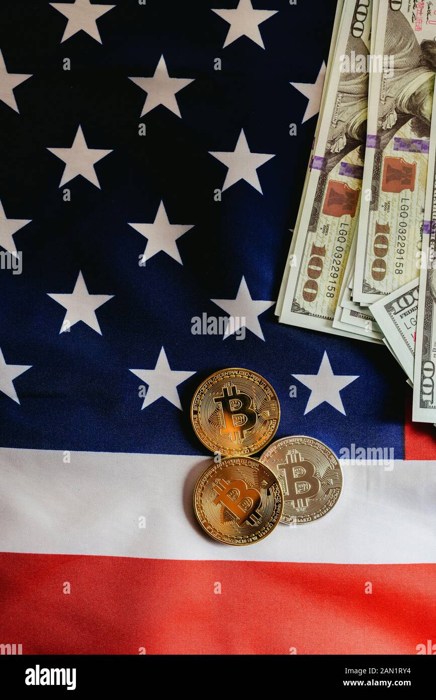 Bitcoins and 100 dollar bills with american flag background Stock Photo ...