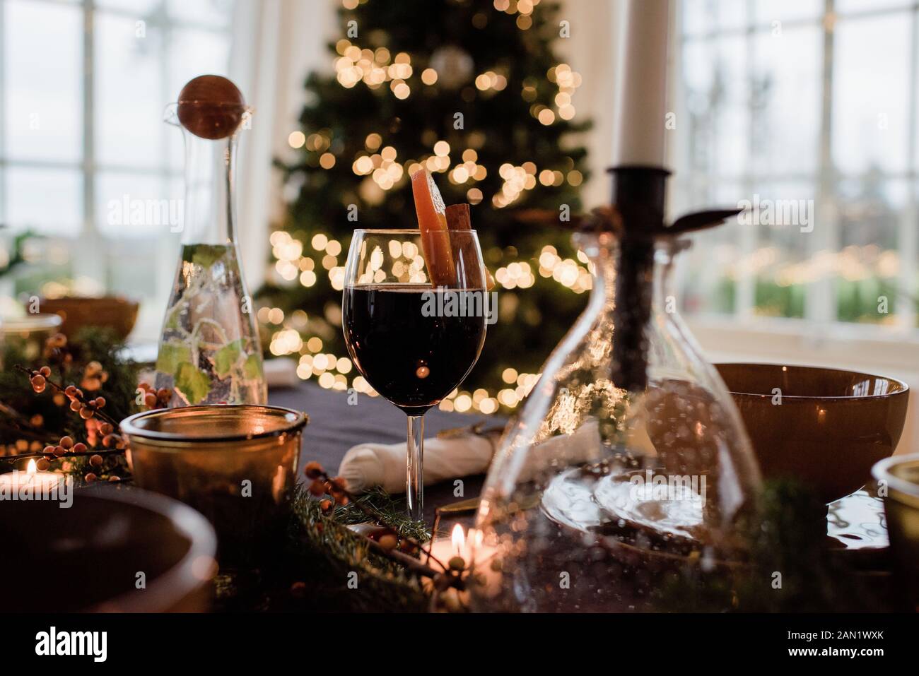 traditional Swedish glogg drink on a decorated table at Christmas Stock ...