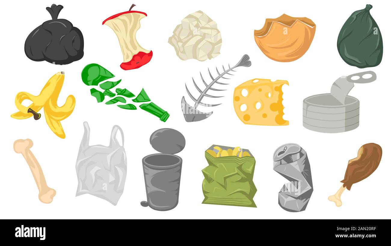 Set of different cartoon scraps and garbage vector graphic illustration ...