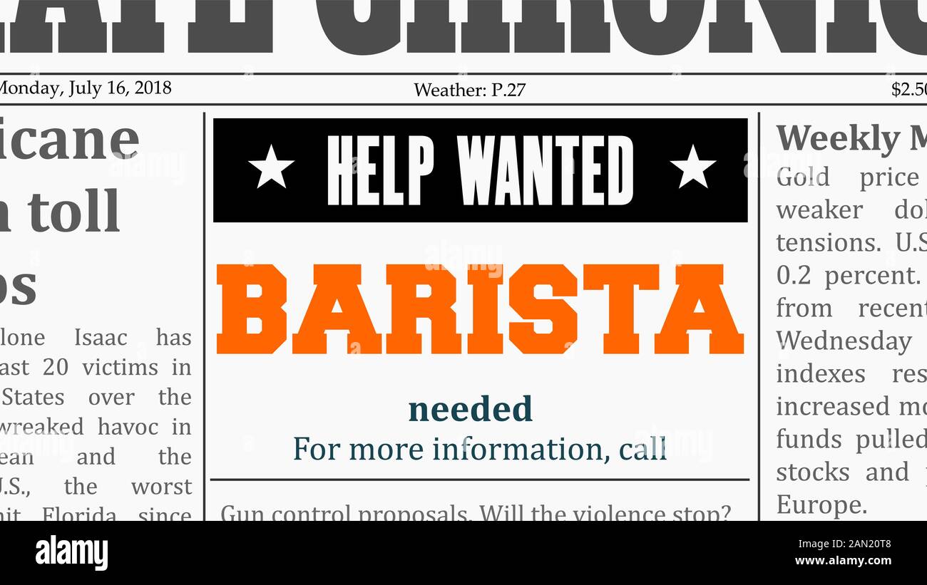 Barista job offer. Newspaper classified ad in fake generic newspaper ...